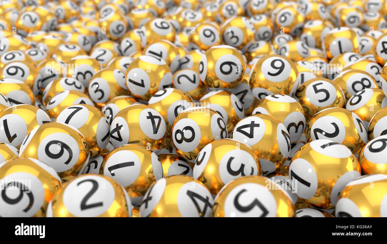 golden lottery balls stack background with dept of field effect. 3d ...