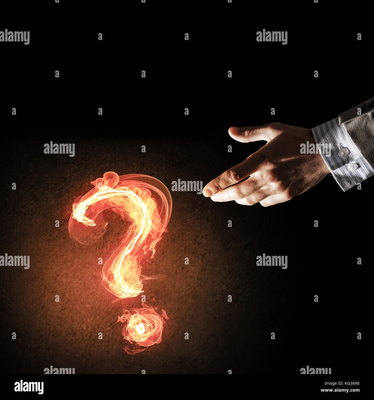 Concept of help or support with fire burning question mark Stock Photo ...