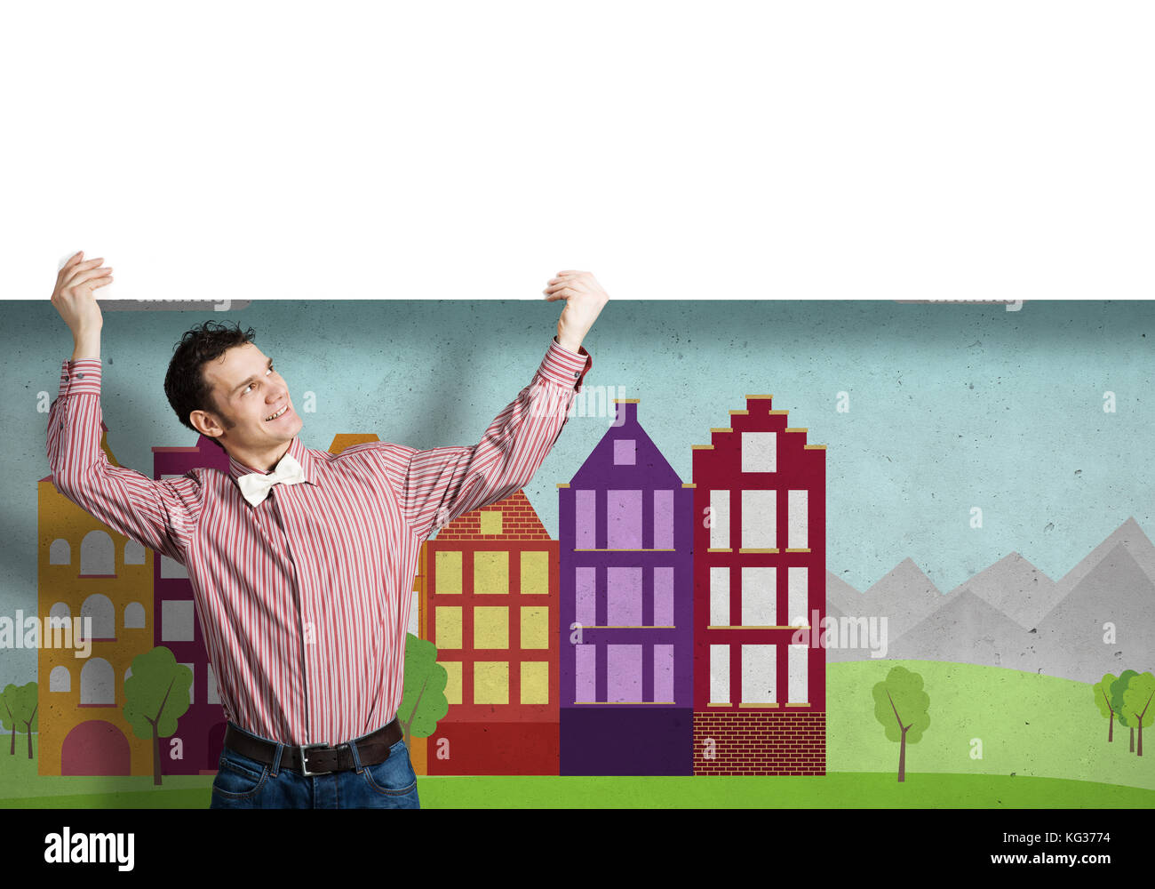 Cheerful man with banner Stock Photo - Alamy