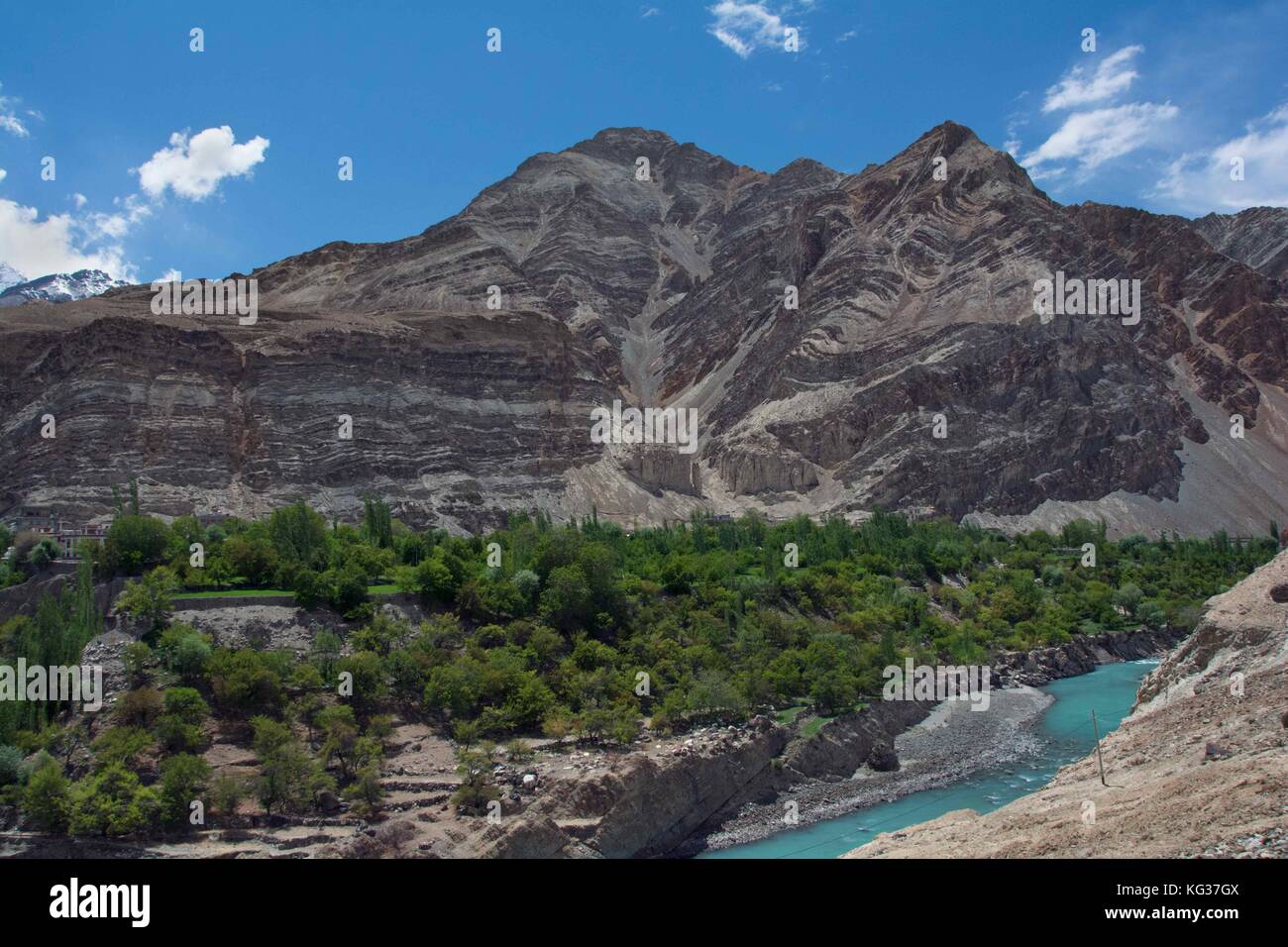 High mountains the valley of the Indus River, the turquoise river belt ...