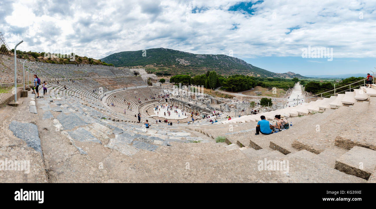 People visit Amphitheatre (Coliseum) at Ephesus historical ancient city ...