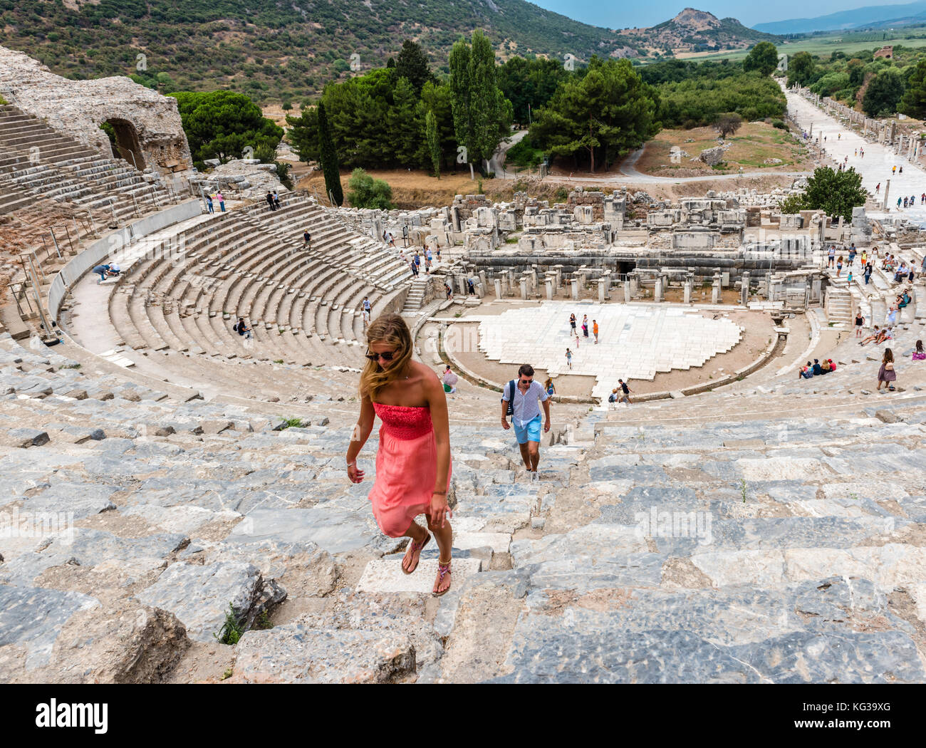 People visit Amphitheatre (Coliseum) at Ephesus historical ancient city ...