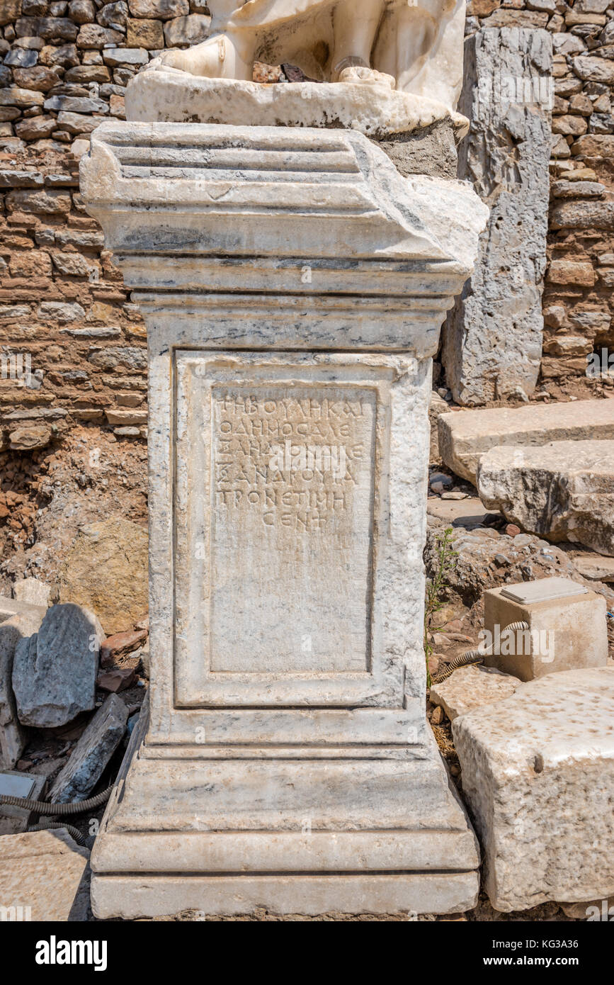 Ancient scripture on marble Ruins in Ephesus historical ancient city ...