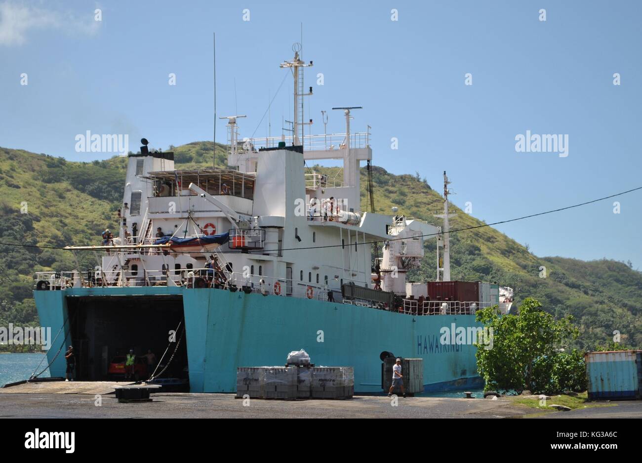 Bora Bora cargo ship discharging goods on the island port Stock Photo ...