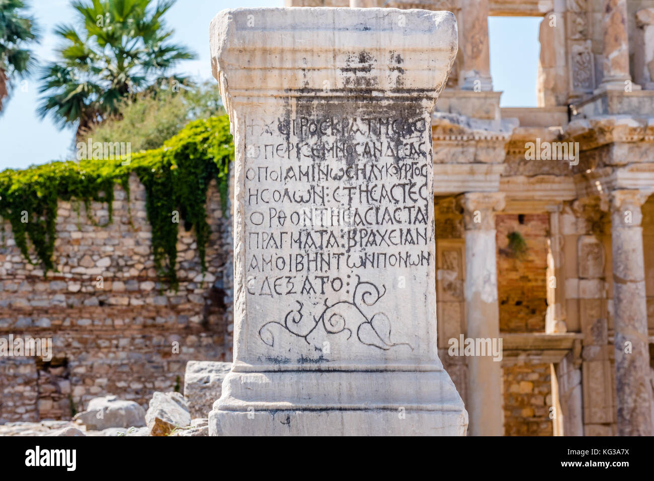 Ancient scripture on marble Ruins in Ephesus historical ancient city ...