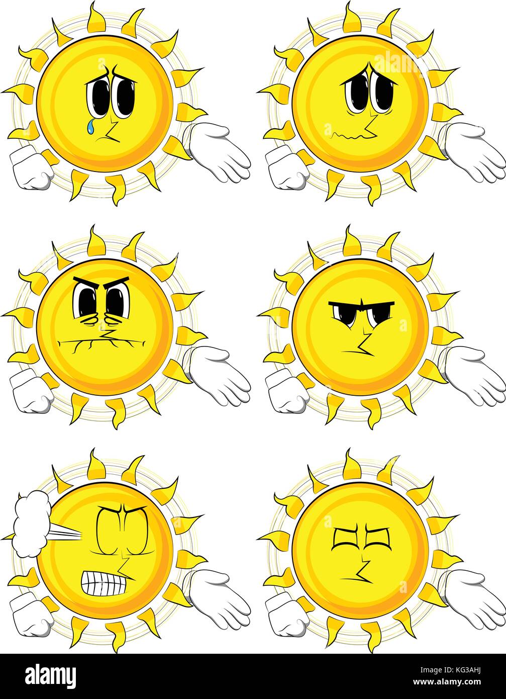 Cartoon sun giving a hand. Collection with sad faces. Expressions ...