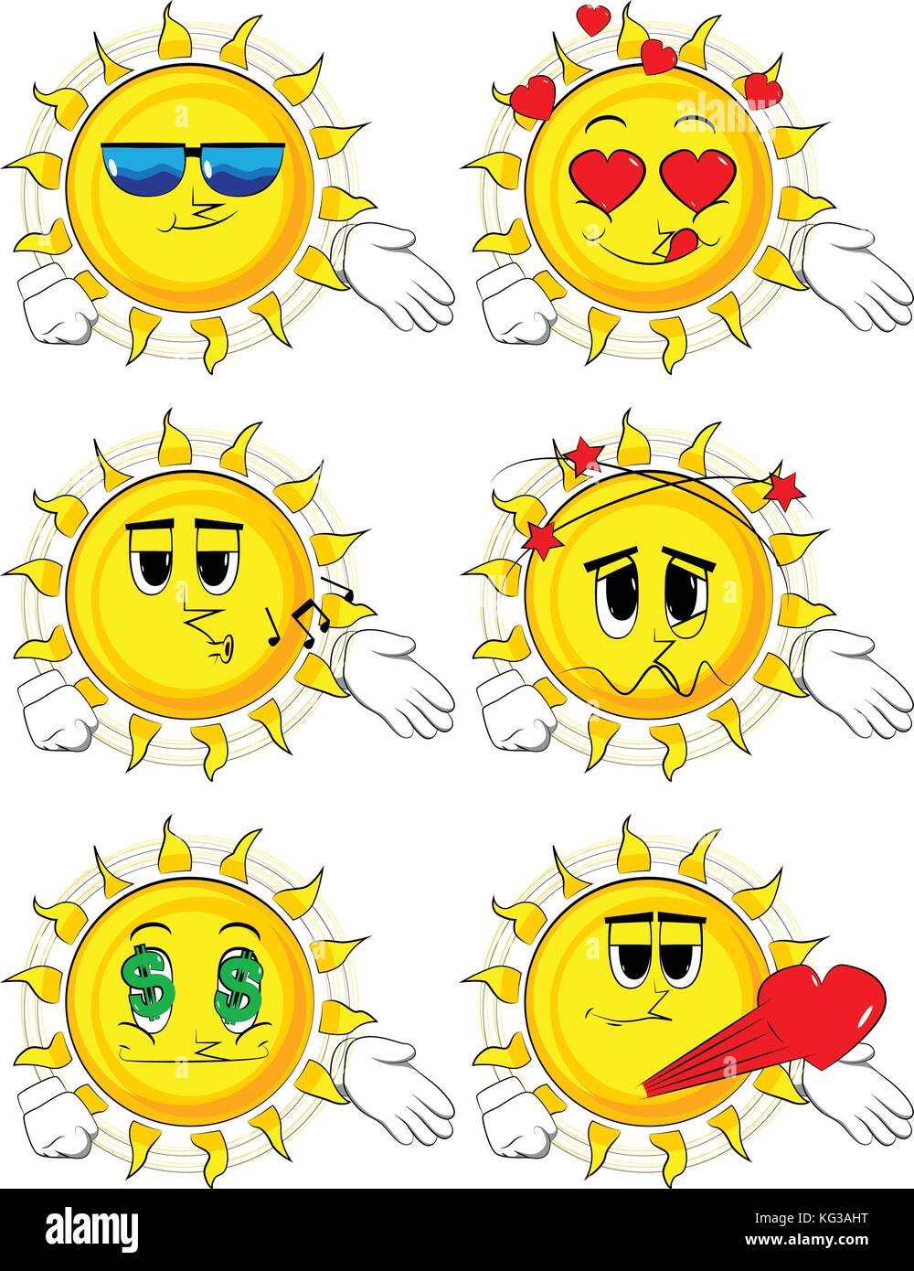 Cartoon sun giving a hand. Collection with various facial expressions ...