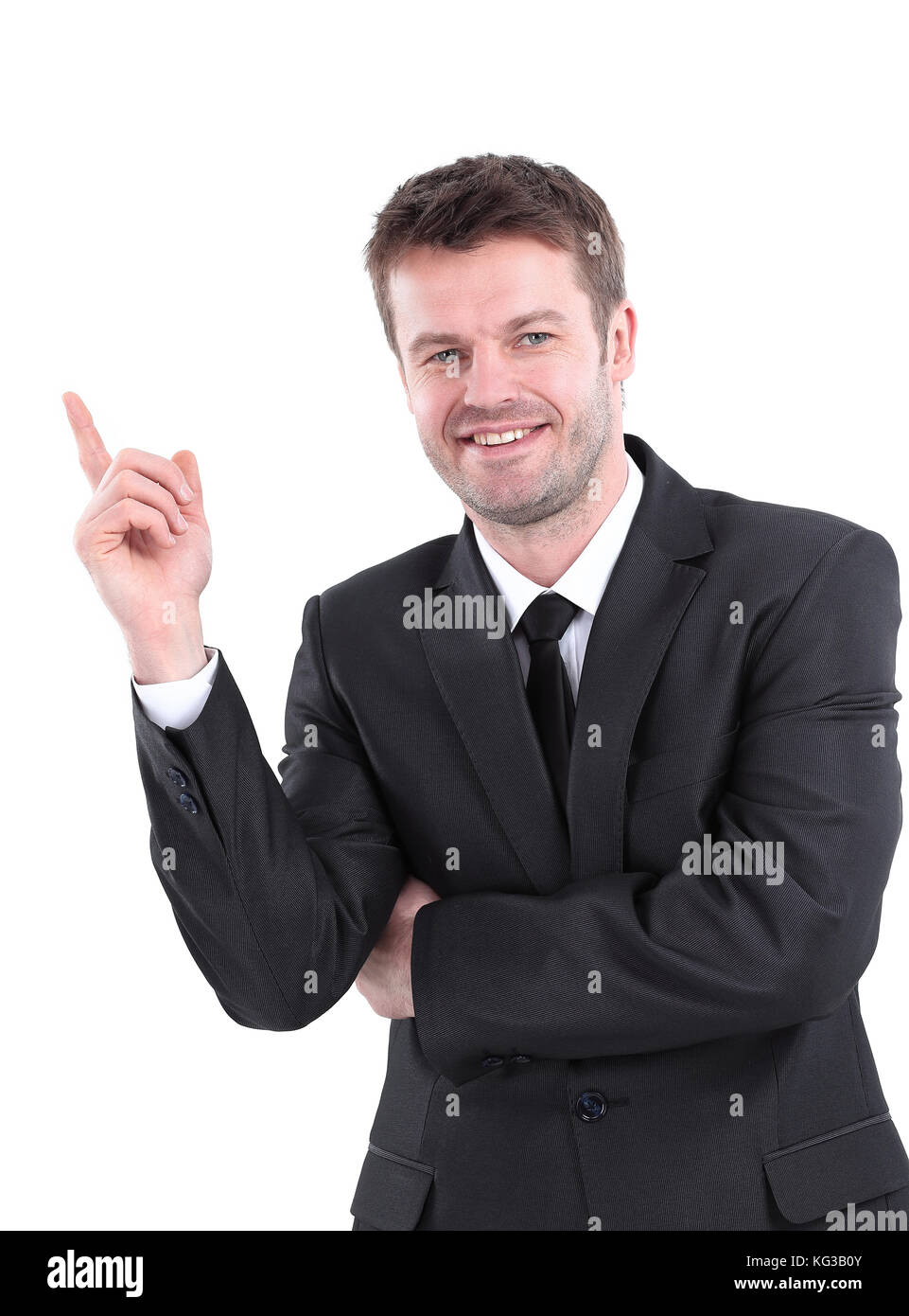 smiling businessman pointing copy space.isolated on a white background ...
