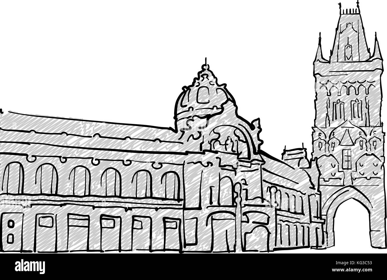 Prague castle czech republic sketch illustration bridge charles hi-res ...