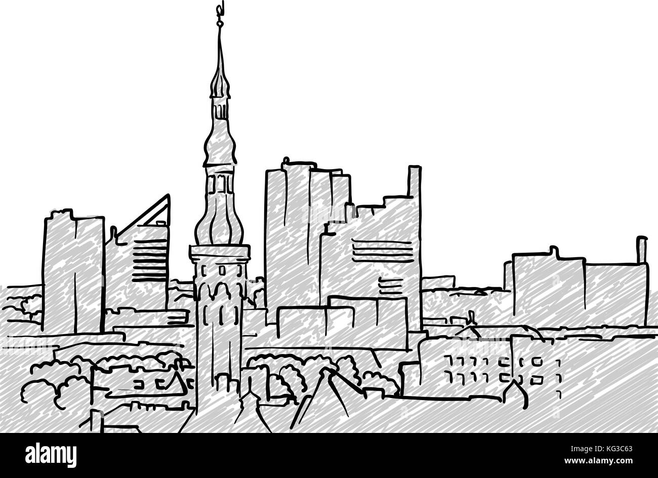 Tallinn, Estonia famous Travel Sketch. Lineart drawing by hand ...