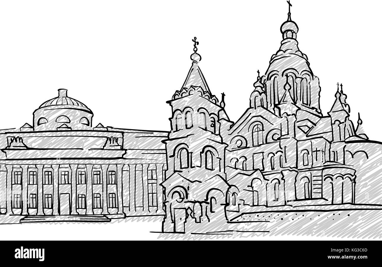 Helsinki, Finland famous Travel Sketch. Lineart drawing by hand ...