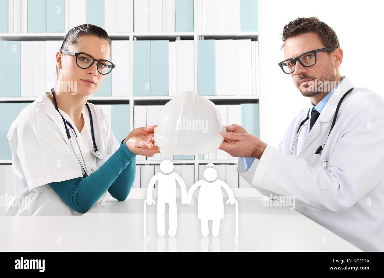 medical old age insurance concept, doctors hands with protection helmet ...