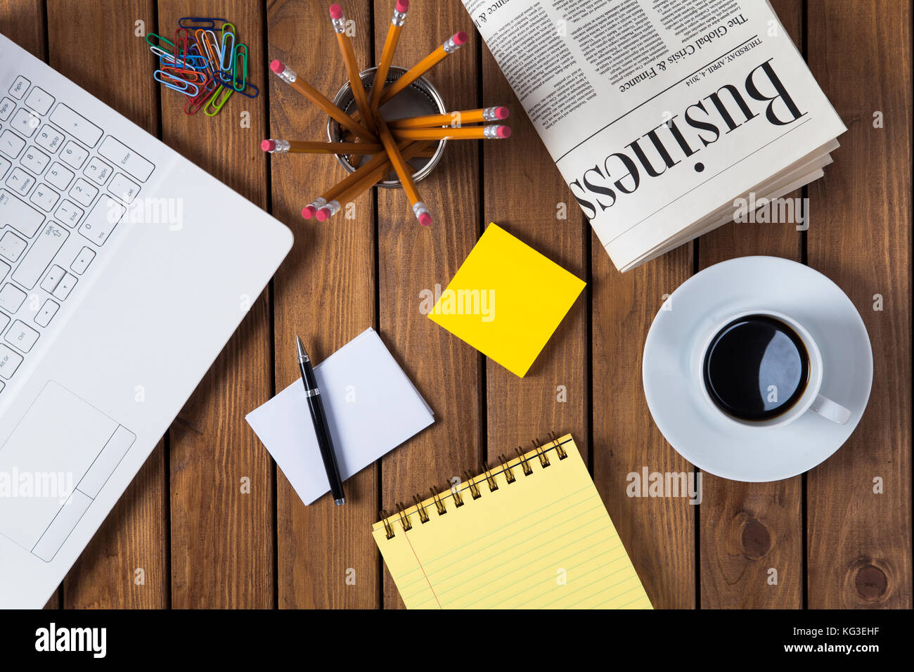Directly above view of a old wooden table, various objects on it Stock ...