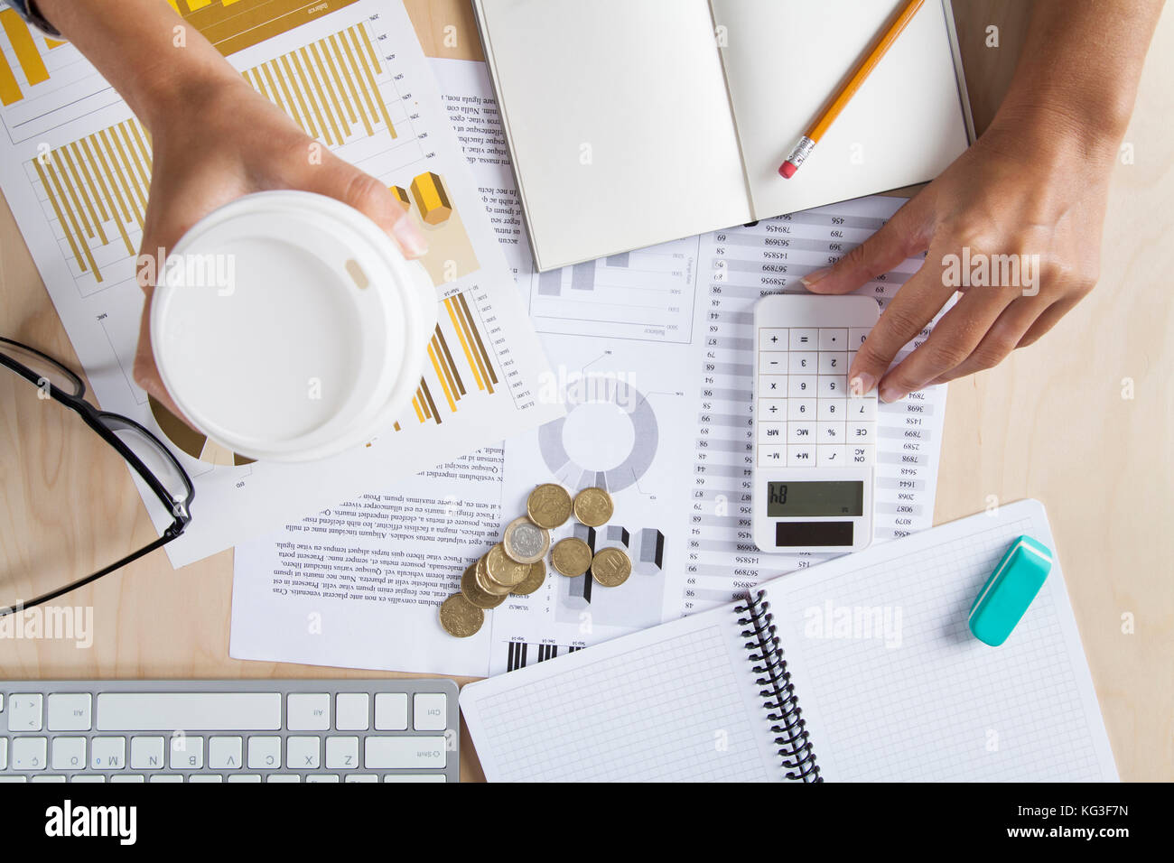 Overhead View Of Businesswoman Working At Office Stock Photo - Alamy