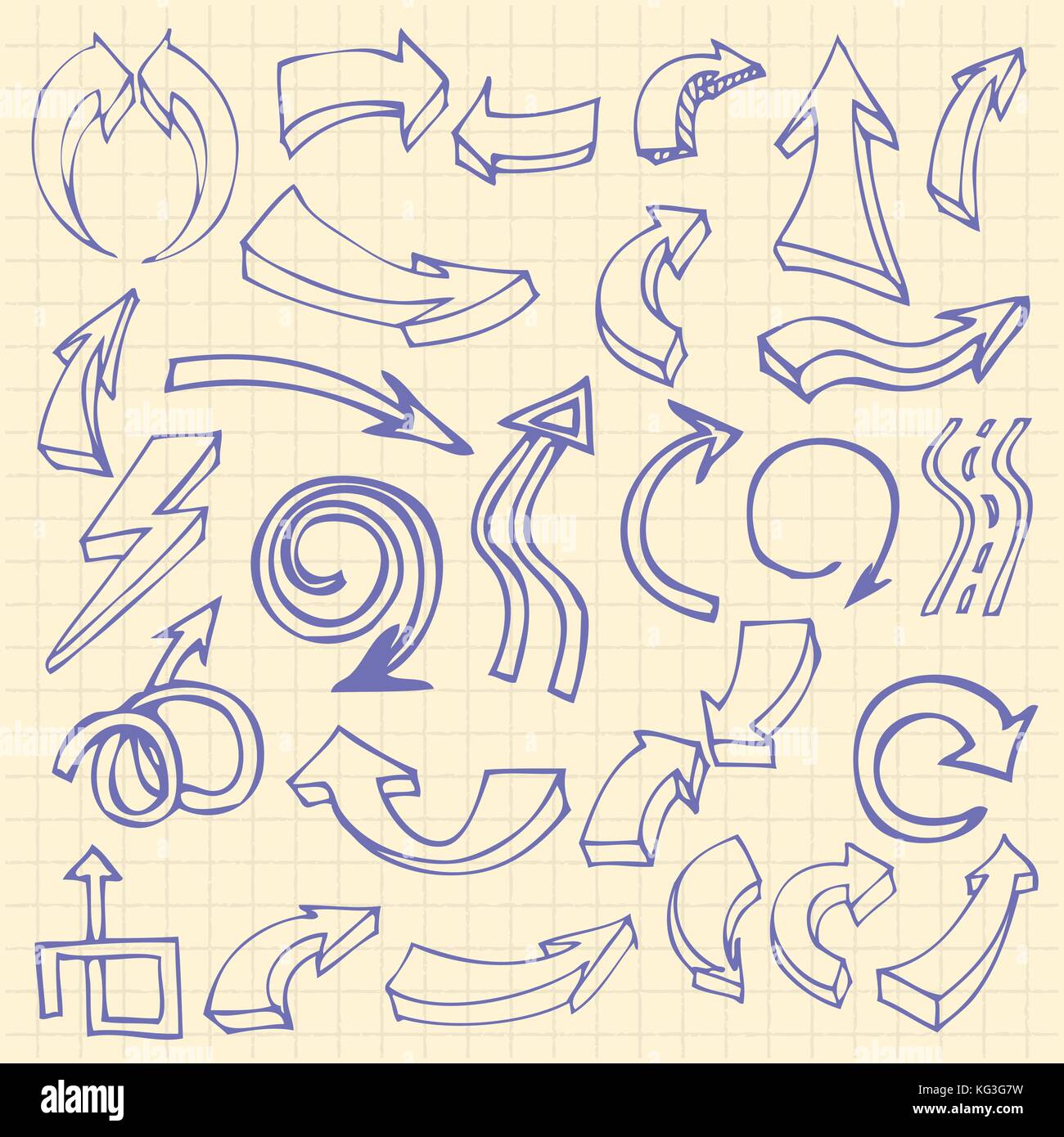 Hand drawn arrows on squared notebook page background icons set of ...