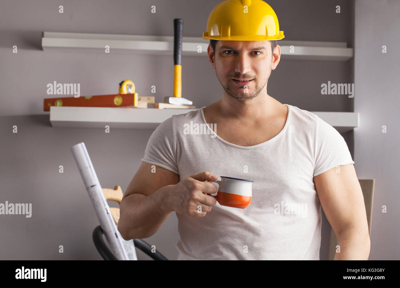 Construction drinking coffee construction site hi-res stock photography ...