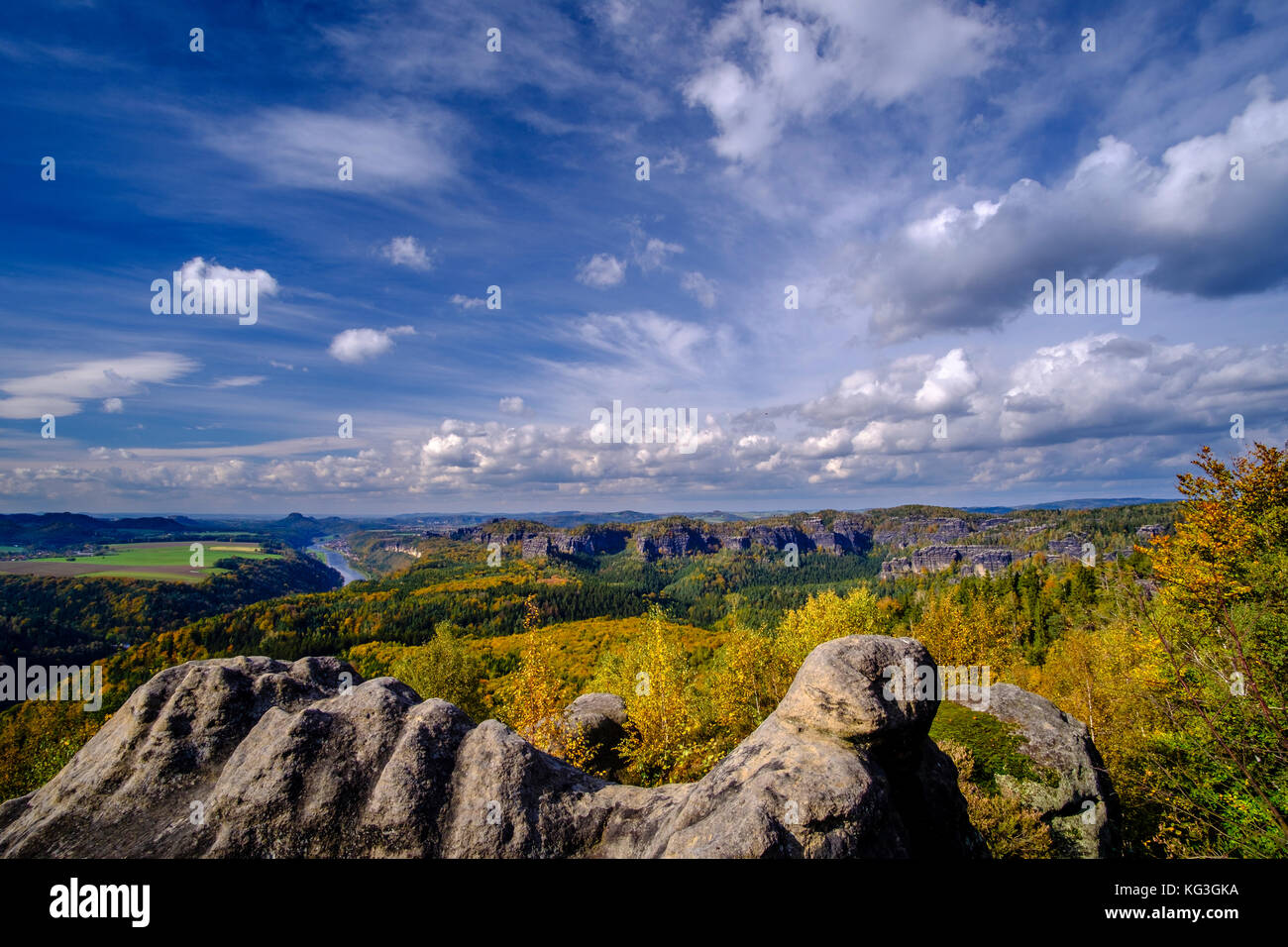 Panoramic landscape with the river Elbe valley, colorful trees and the ...
