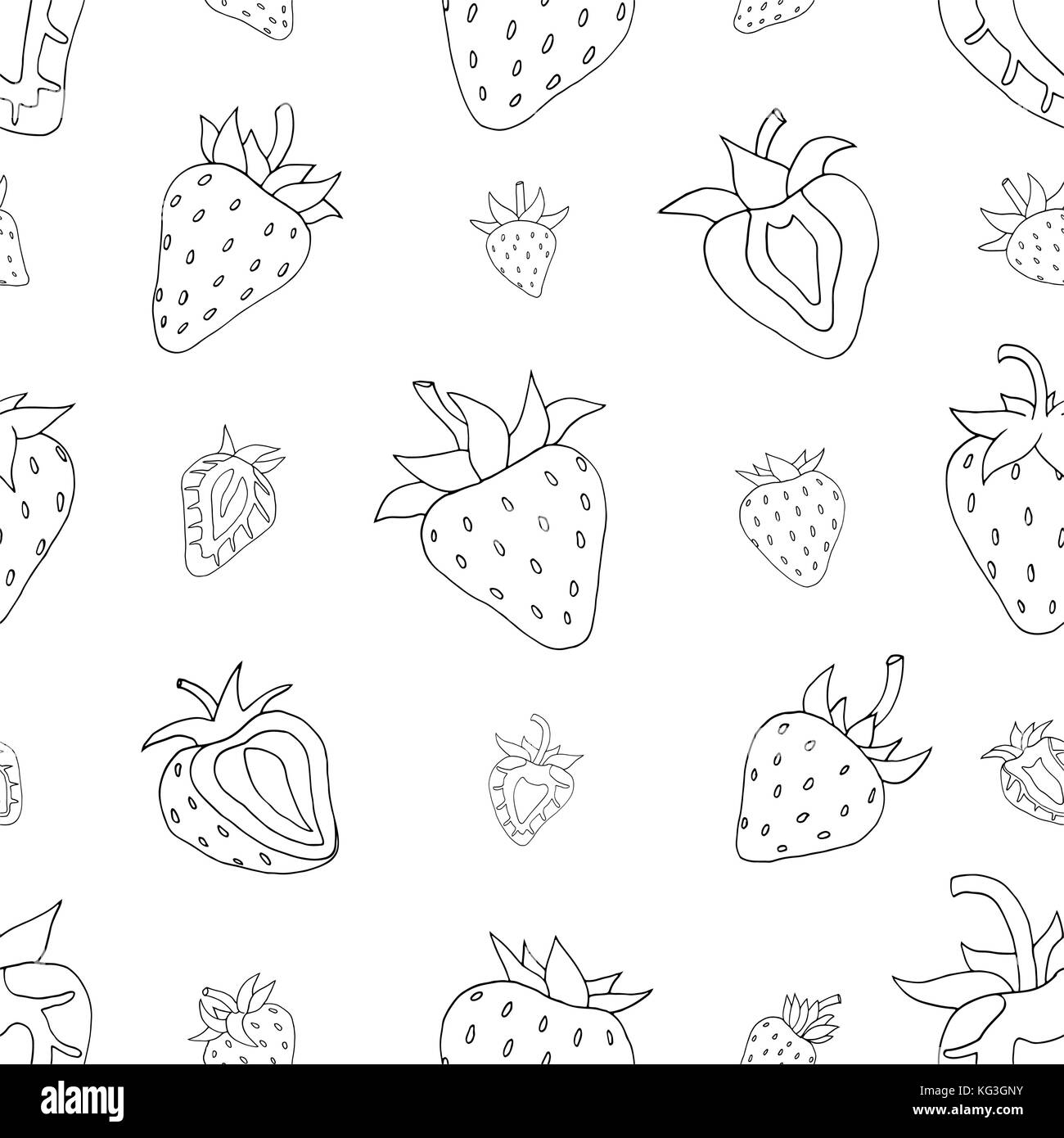 Seamless pattern Set of monochrome strawberries background. Hand drawn ...