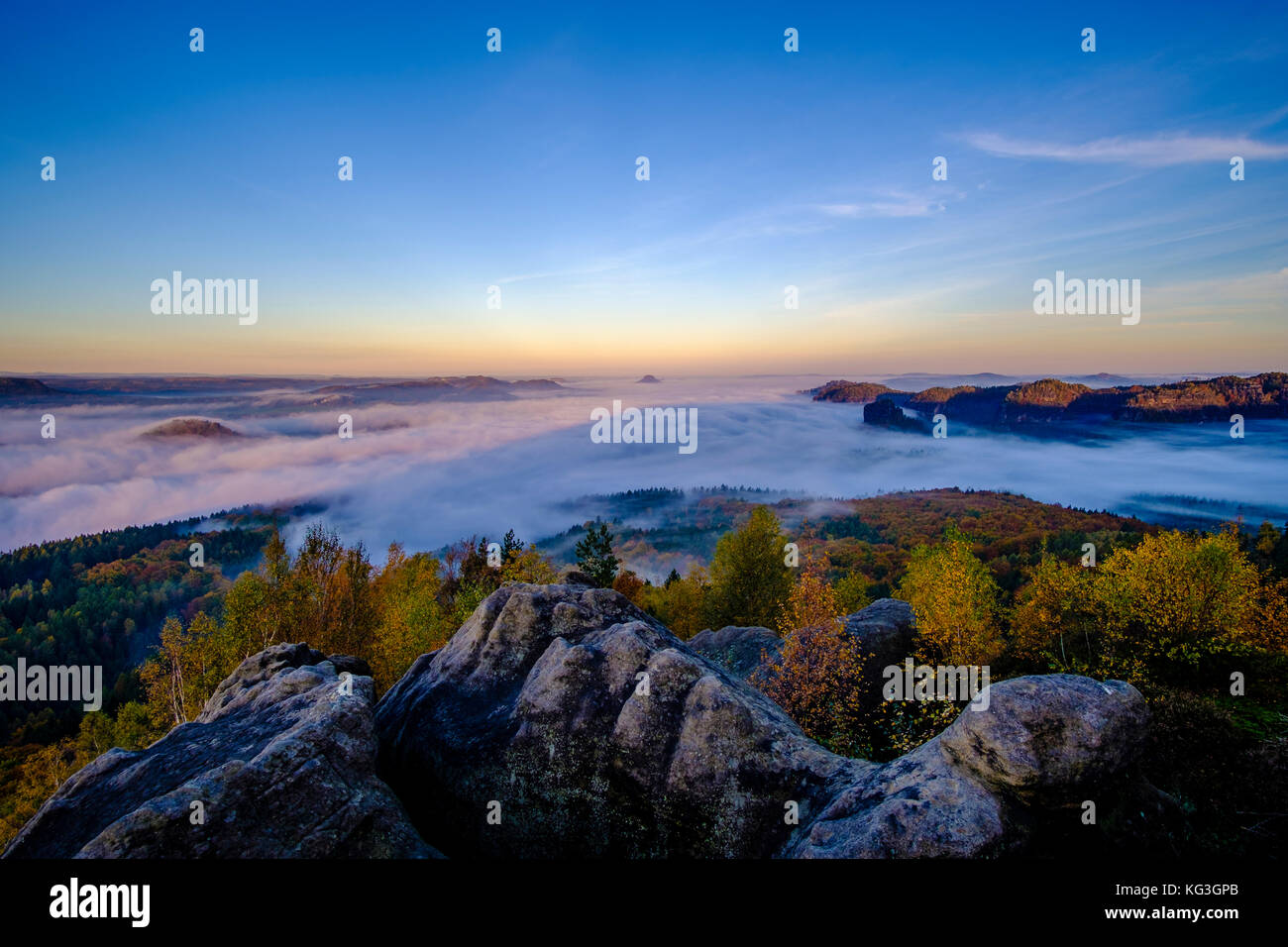 Panoramic landscape with the fog covered river Elbe valley, colorful ...