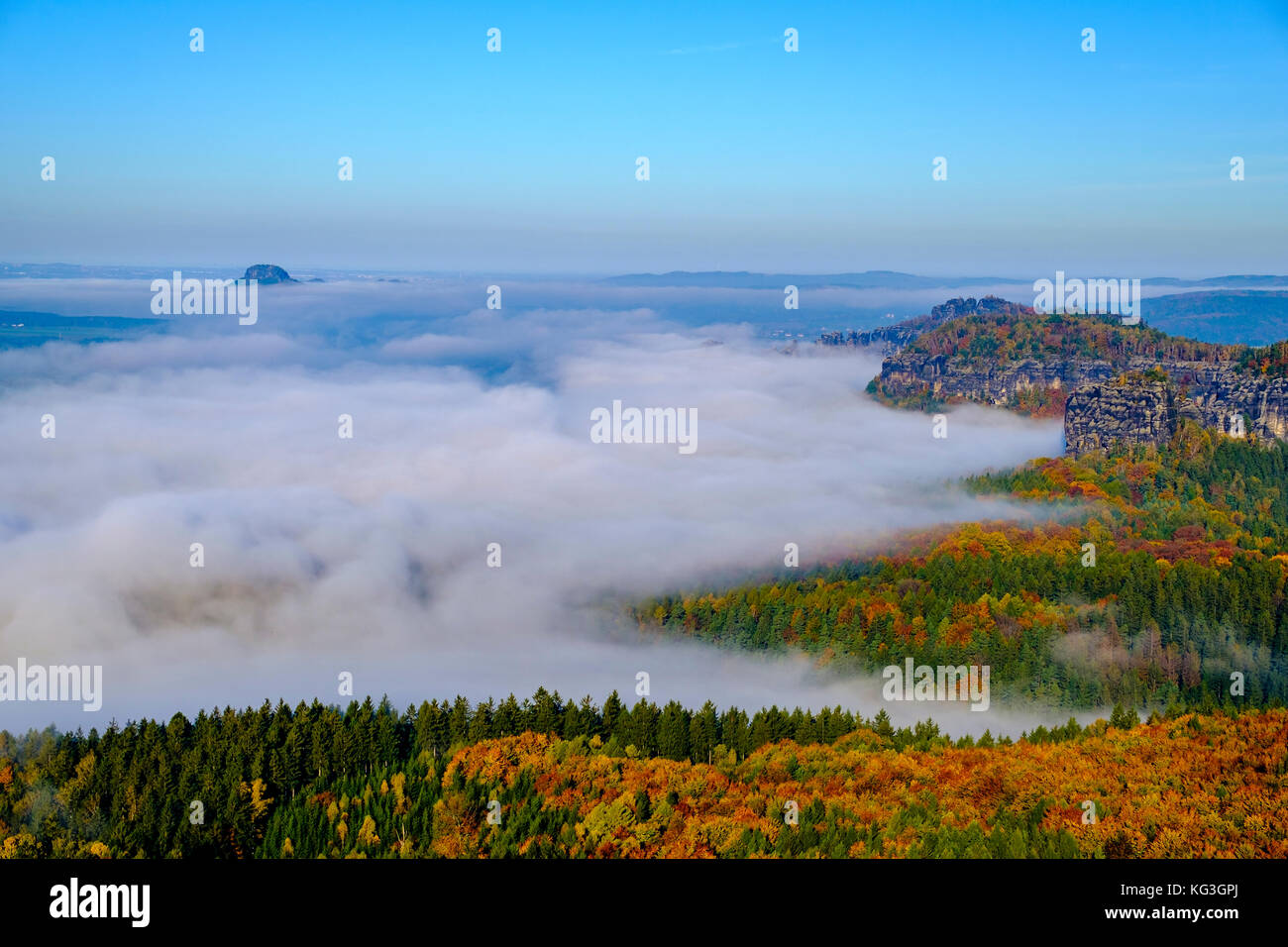 Panoramic landscape with the fog covered river Elbe valley, colorful ...