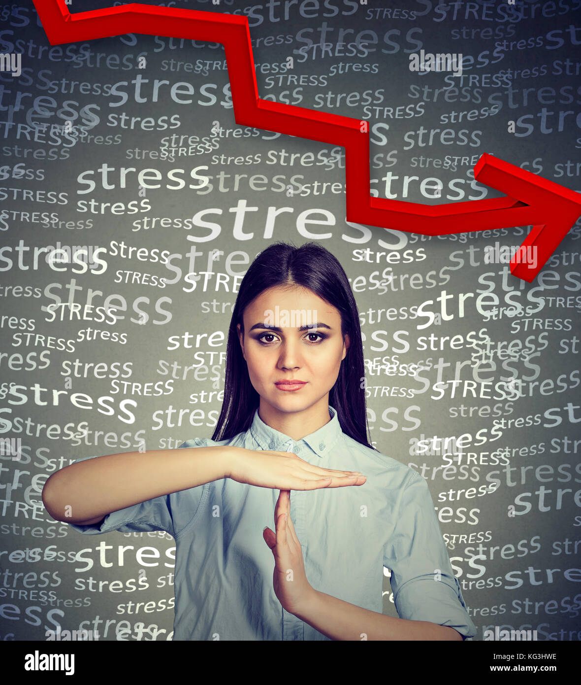 Woman with time out hand gesture requesting to decrease stress level ...