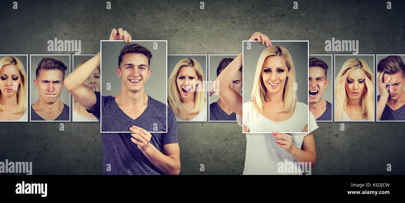 Balanced relationship concept. Masked woman and man expressing ...