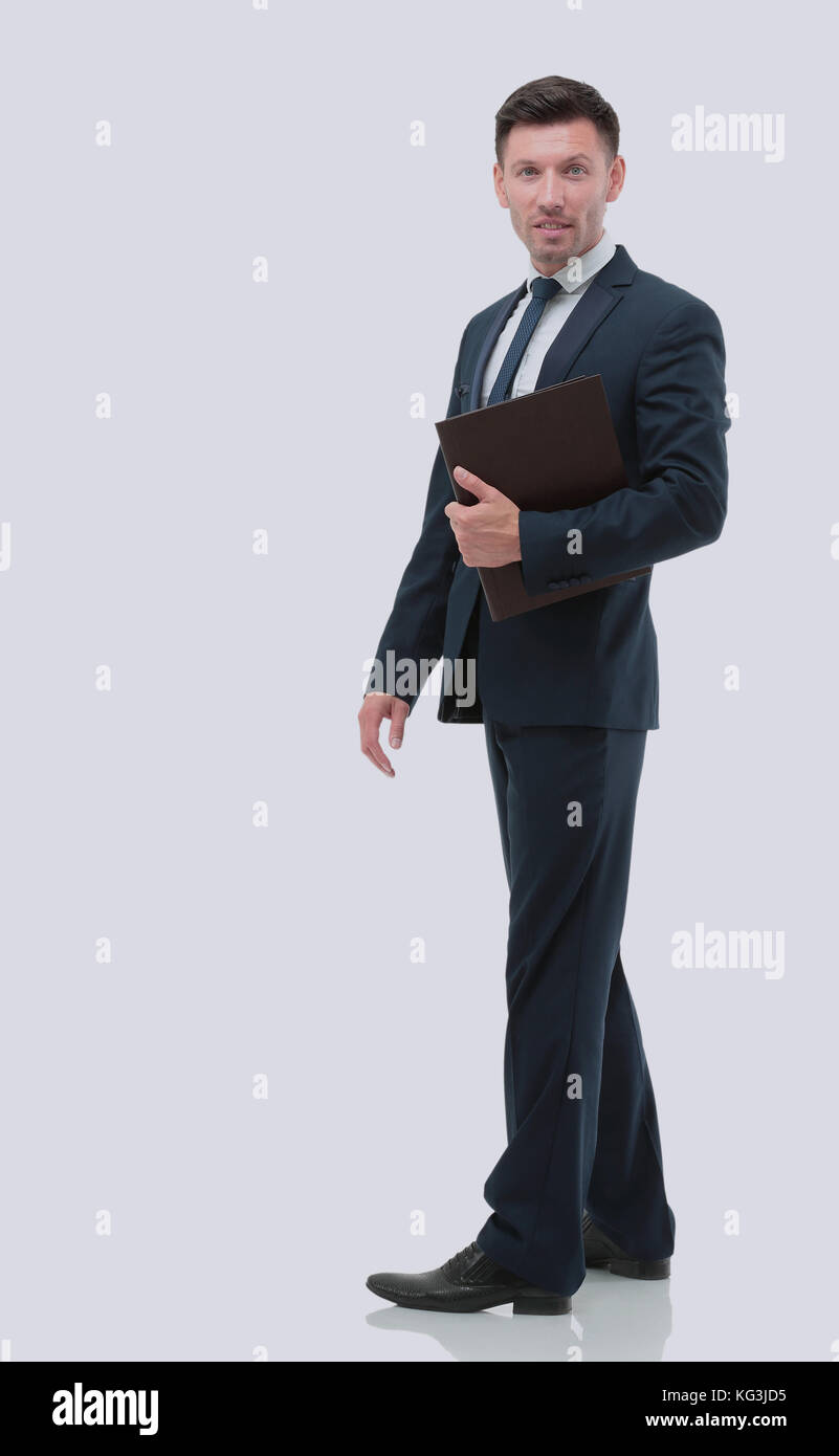 Side view of a smiling businessman, On white background Stock Photo - Alamy