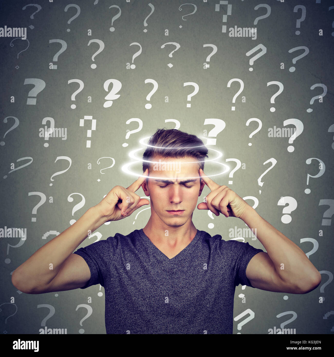 Portrait confused thinking young man with vertigo dizziness has many ...