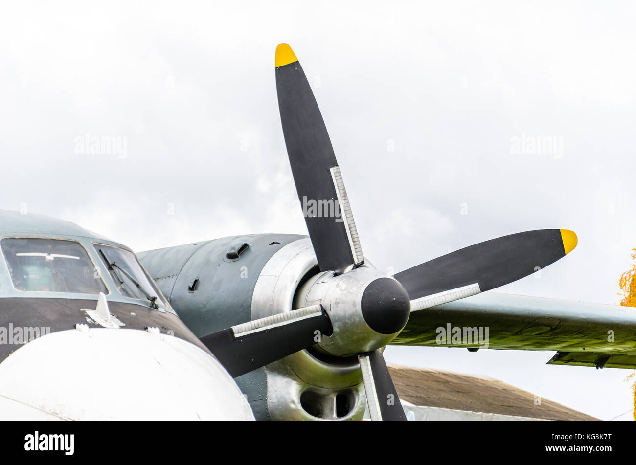 Close up of airplane turboprop engine with propeller, parts of aircraft ...