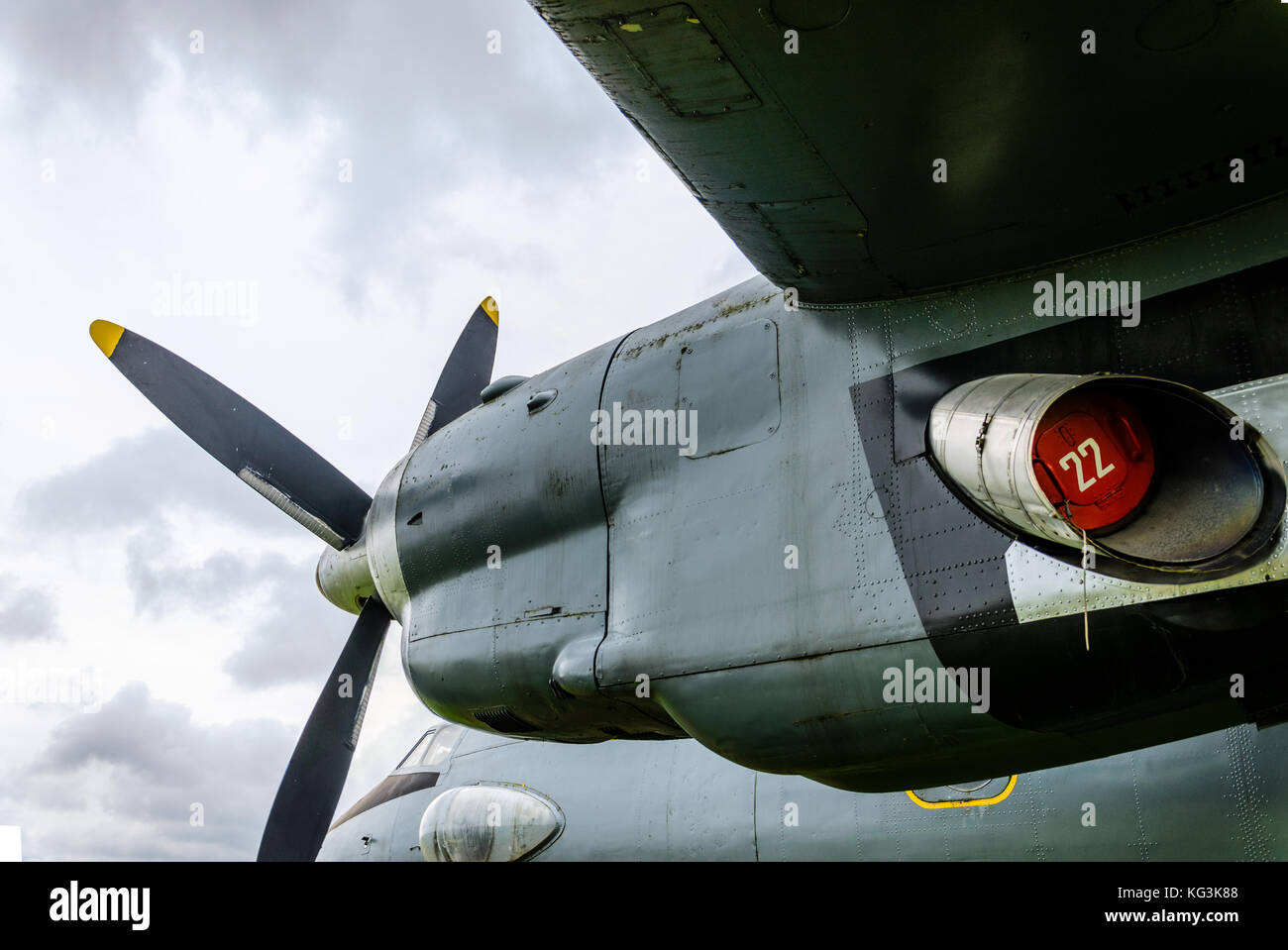 Close up of airplane turboprop engine with propeller, parts of aircraft ...
