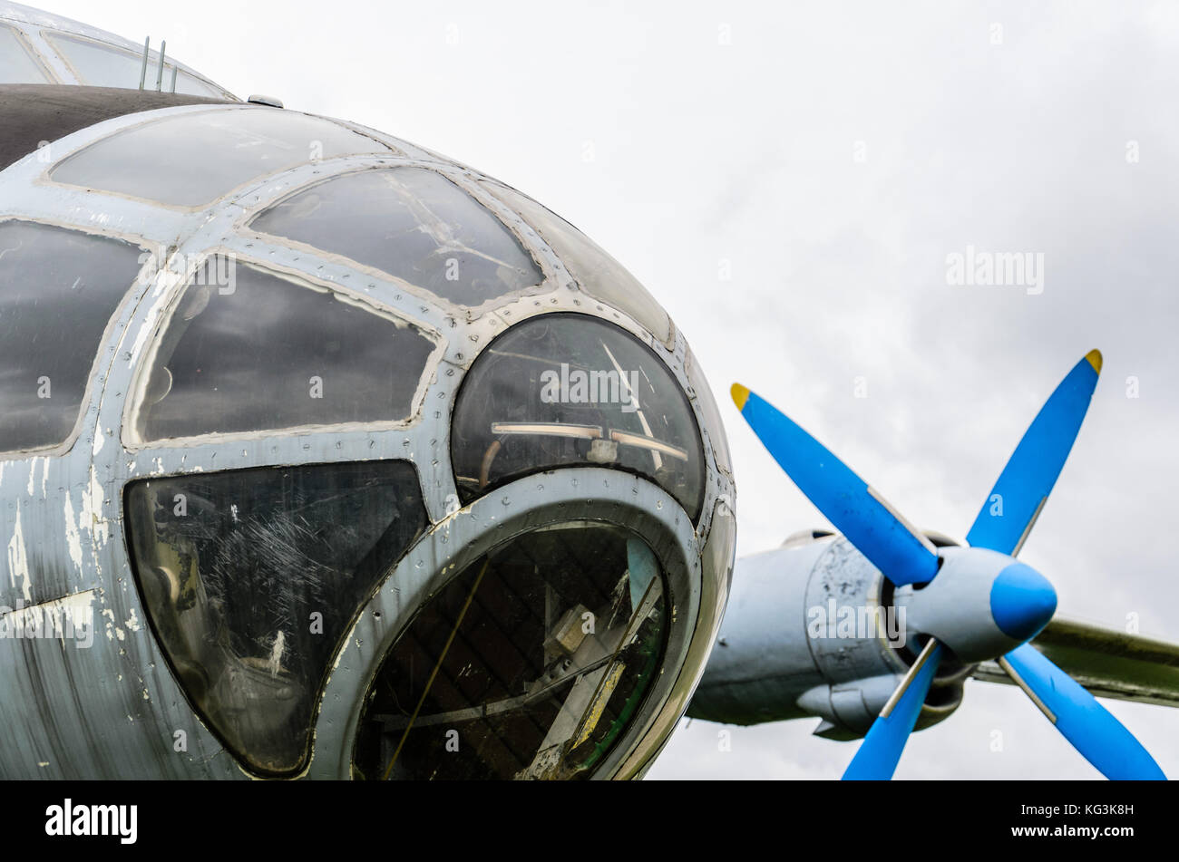 Close up of airplane turboprop engine with propeller, parts of aircraft ...