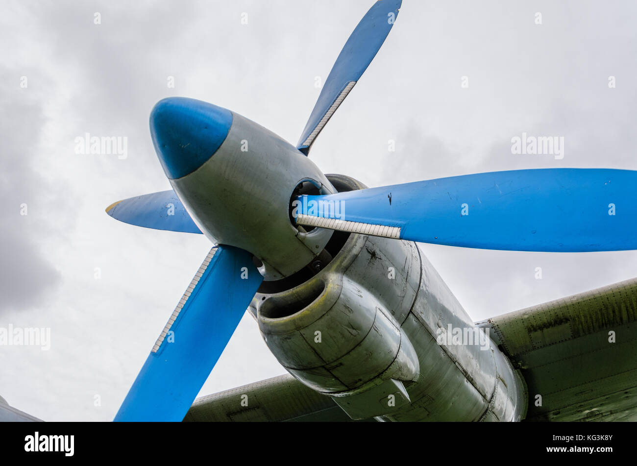 Close up of airplane turboprop engine with propeller, parts of aircraft ...