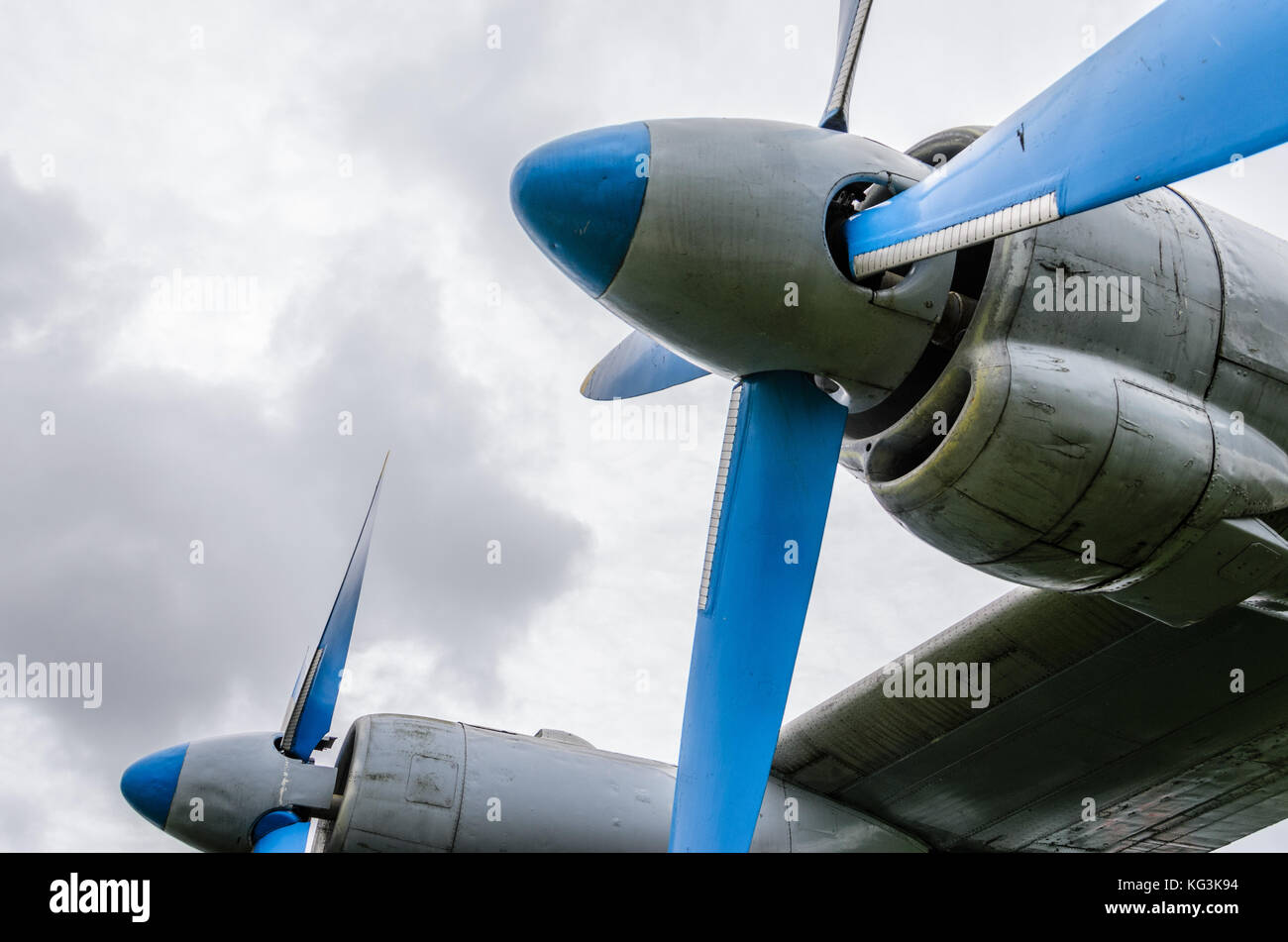 Close up of airplane turboprop engine with propeller, parts of aircraft ...