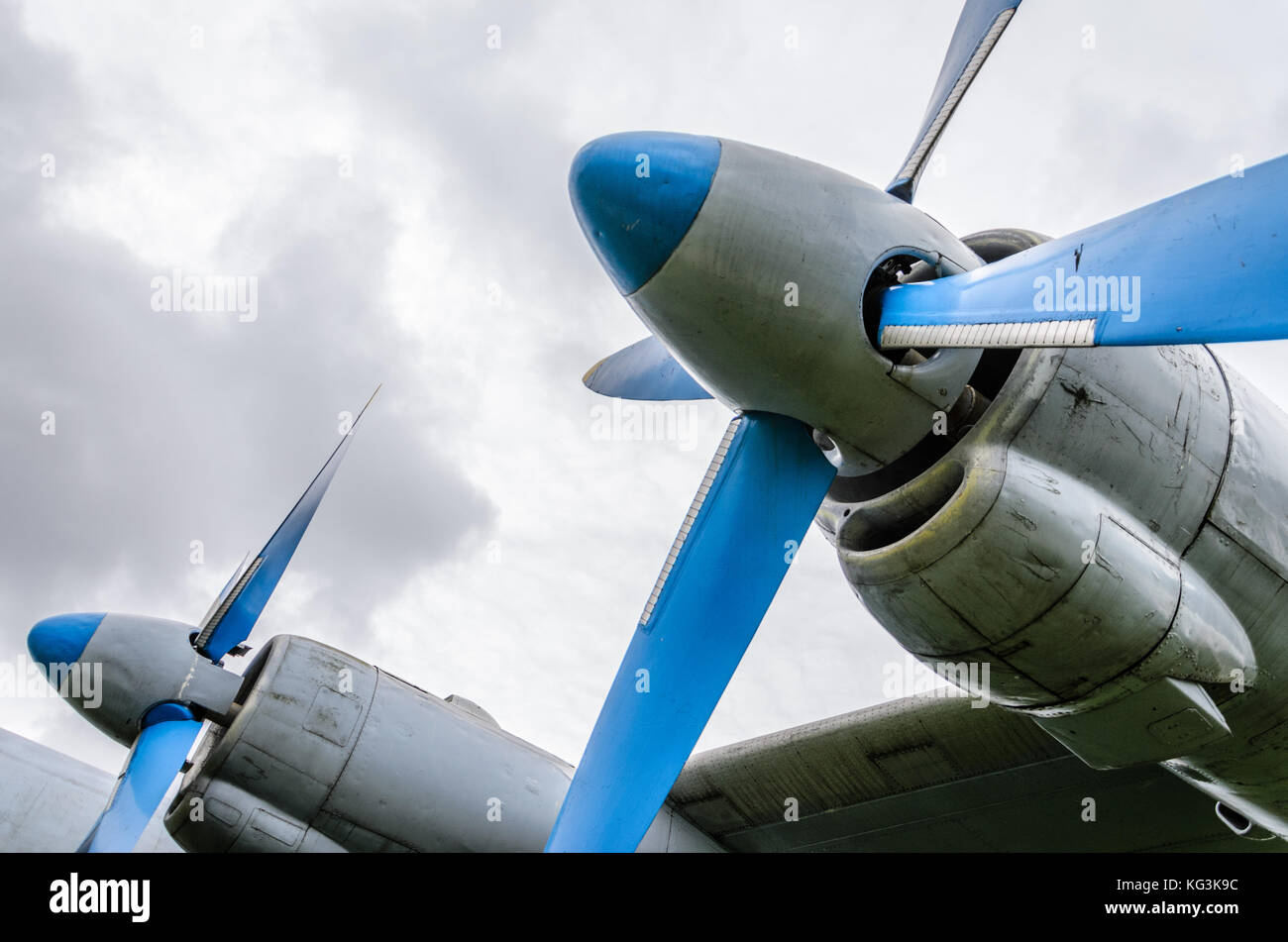 Close up of airplane turboprop engine with propeller, parts of aircraft ...