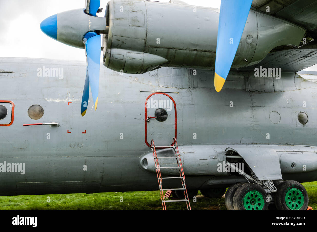 Close up of airplane turboprop engine with propeller, parts of aircraft ...