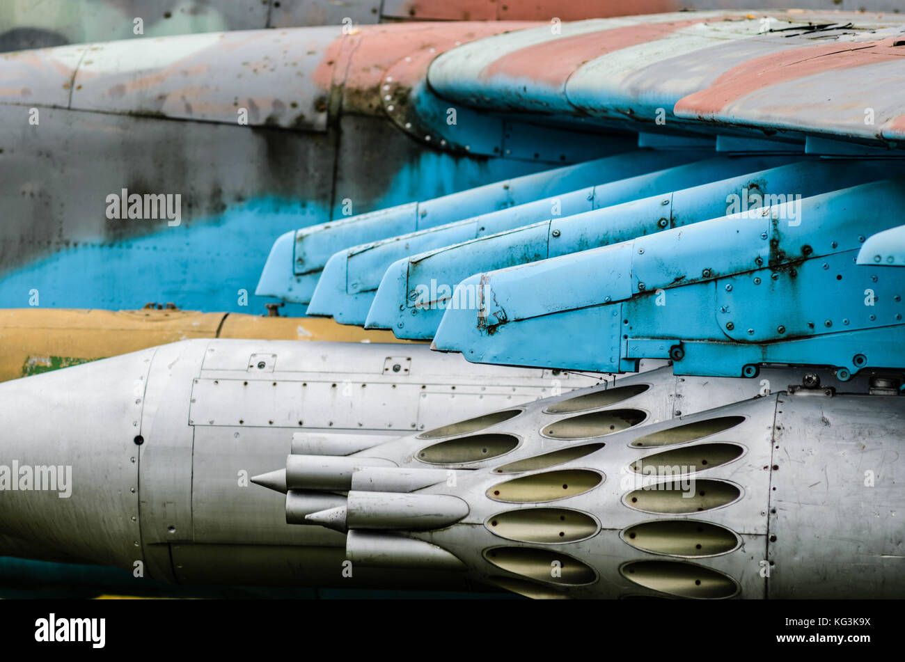Rocket pods on Mi-24 Hind attack helicopter. The attachments of guns to ...