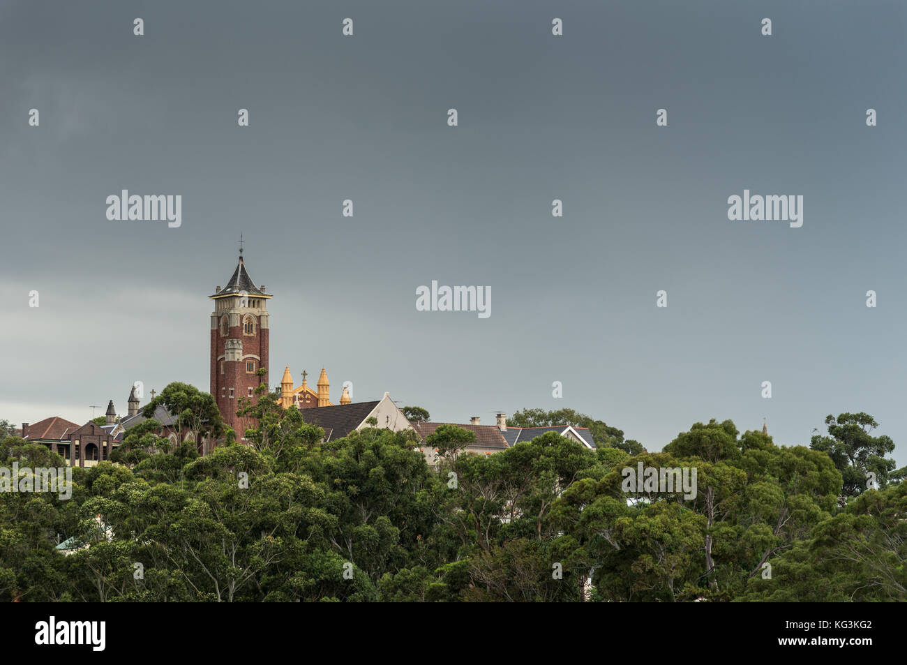 Sydney, Australia - March 21, 2017: The brown, square spire, crosses ...