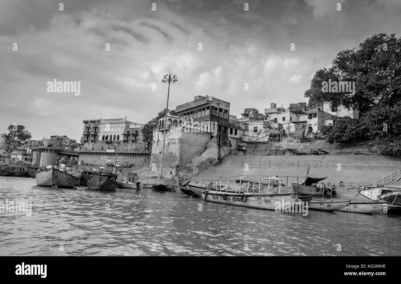 A view from River Ganges of Old Historical Varanasi city with weathered ...
