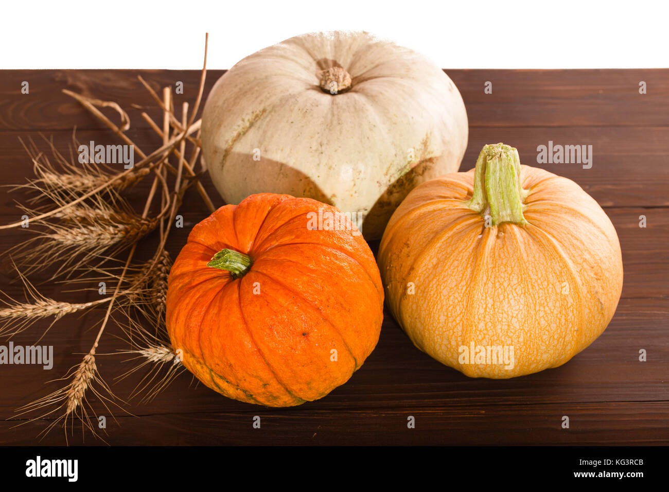 Three multi-colored pumpkins and cones on a wooden table. Close up ...