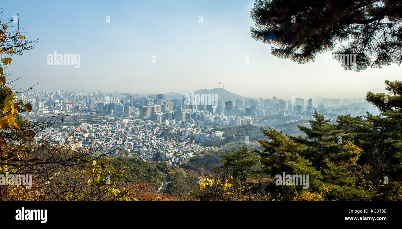 Seoul, South Korea from the south to the north with a distant view of ...