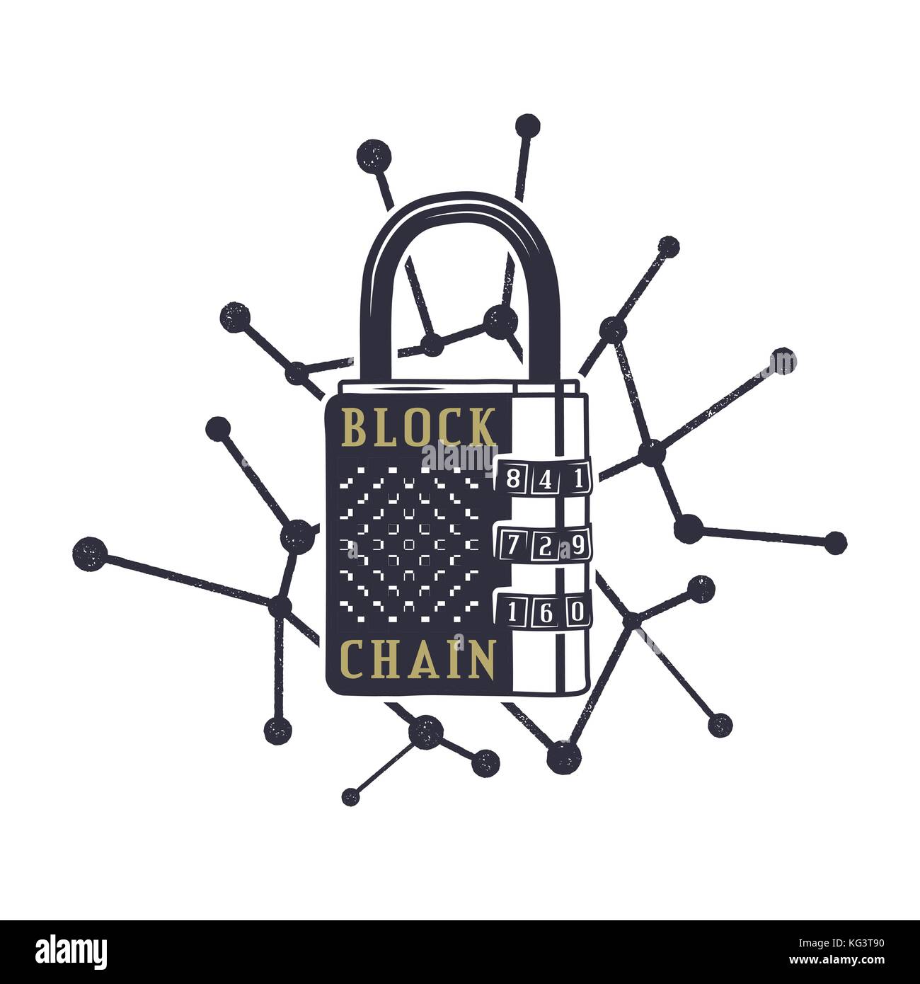 Blockchain emblem concept. Digital assets logo. Vintage hand drawn lock ...