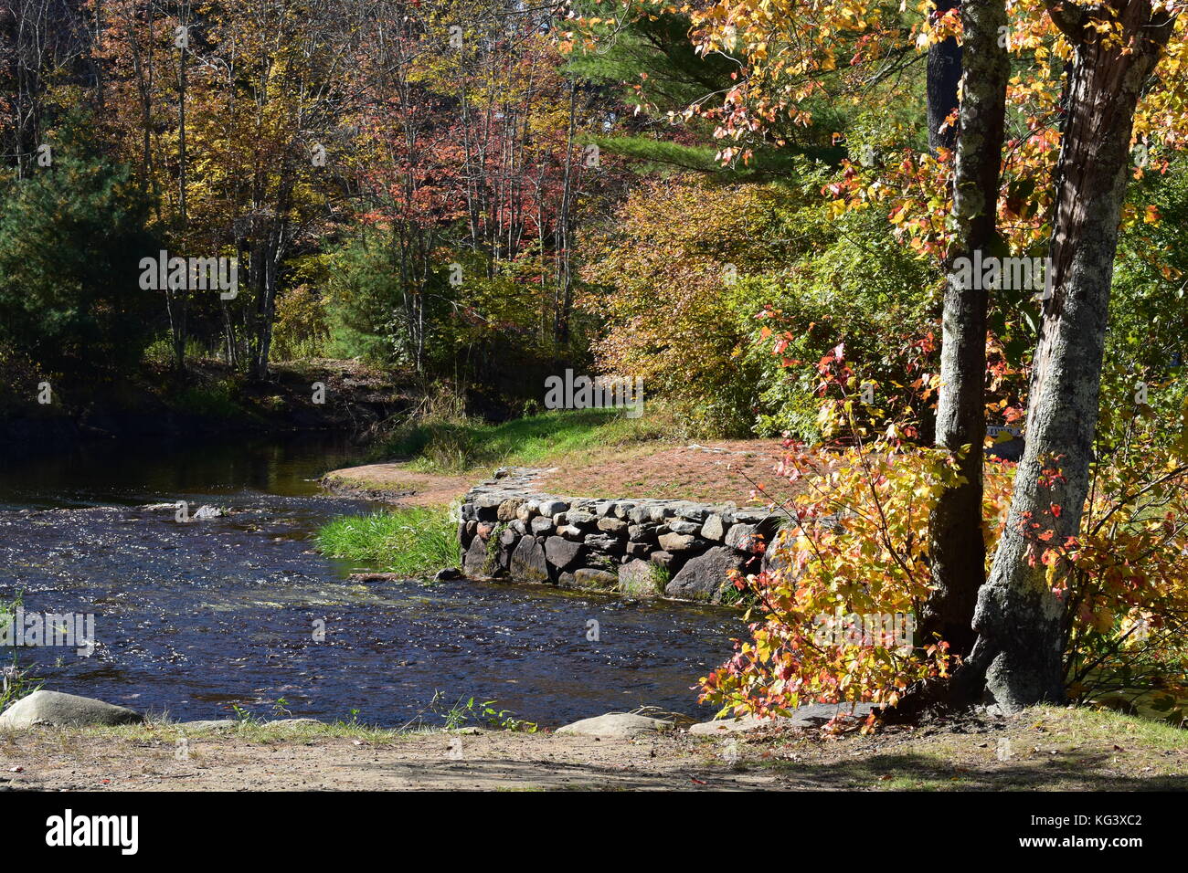 Autumn scene in park with river, natural stone wall, trees, vegetation ...