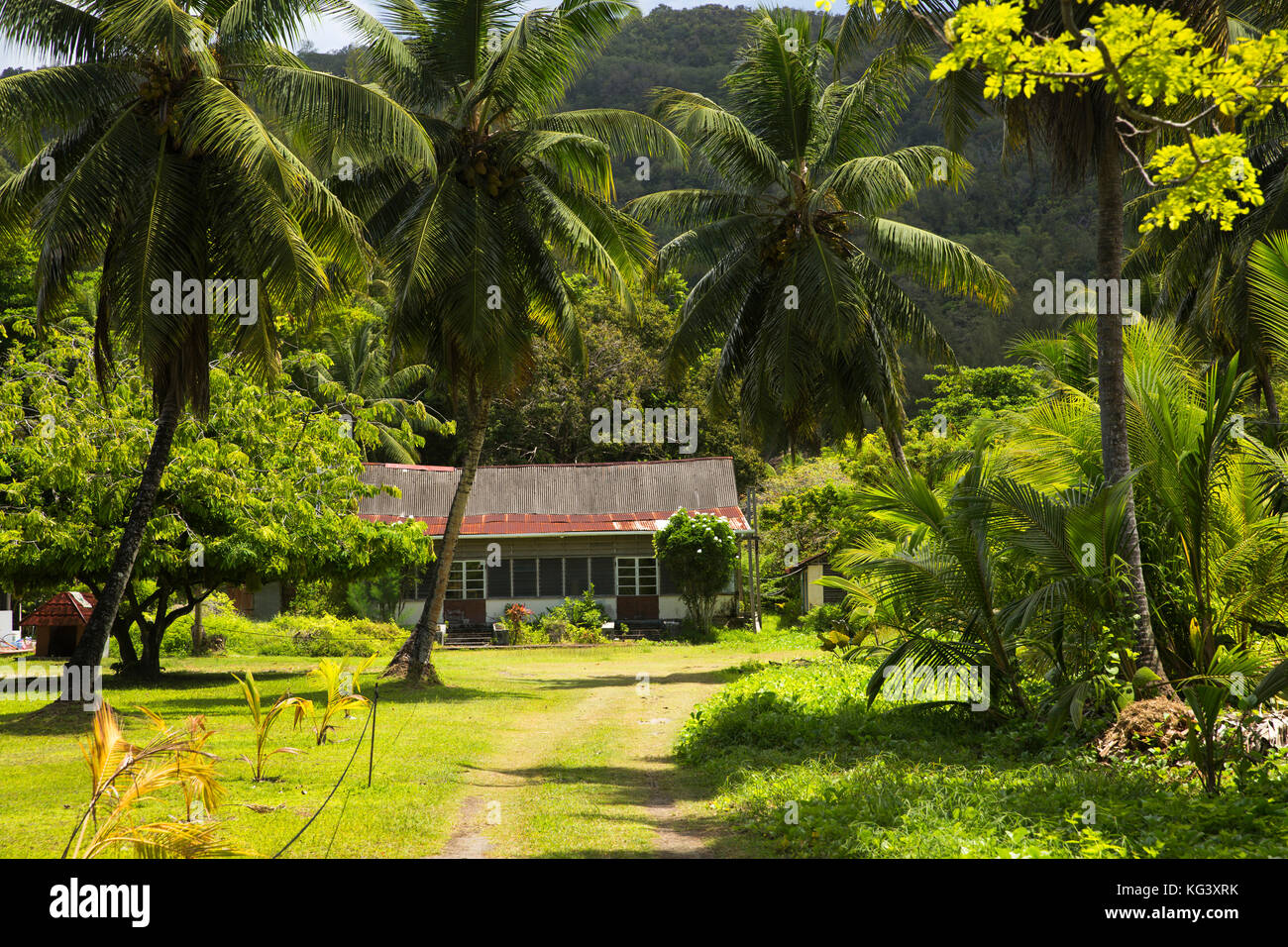 The Seychelles, Praslin, Grand Anse, traditional corrugated iron house ...