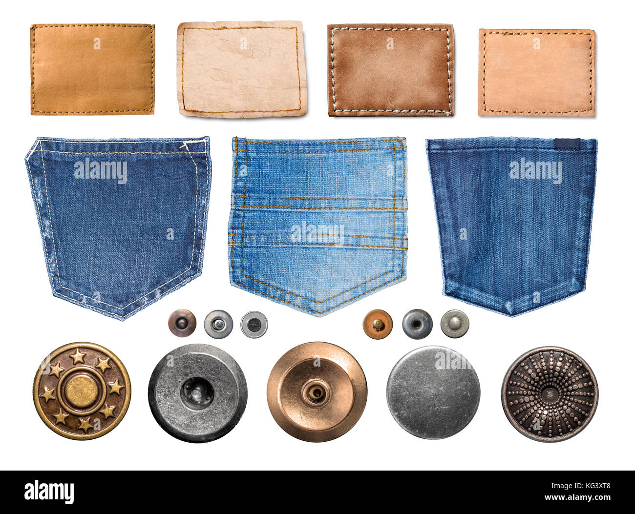 collection of various jeans parts on white background. each one is shot ...