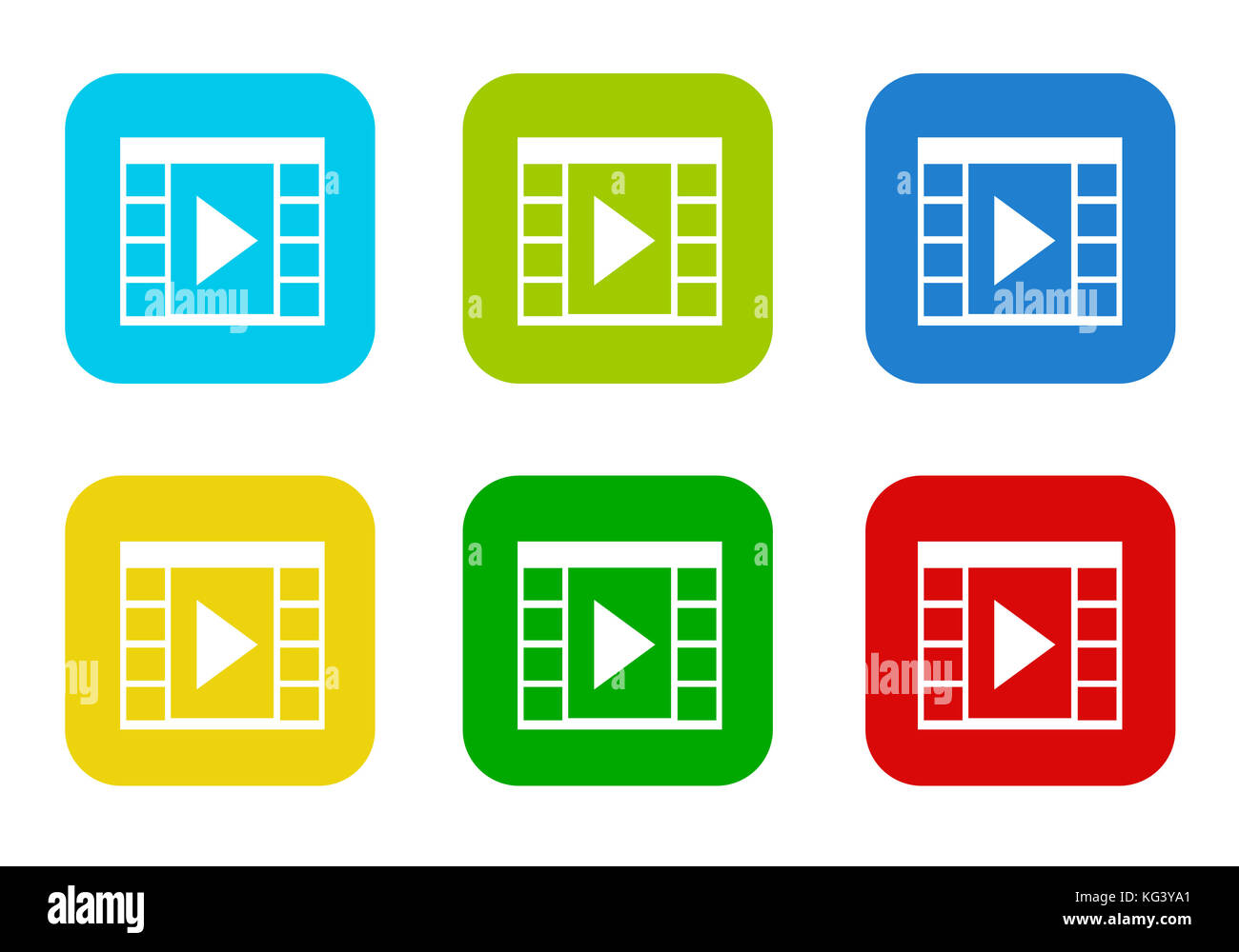 Set of rounded square colorful flat icons with movie symbol in blue ...