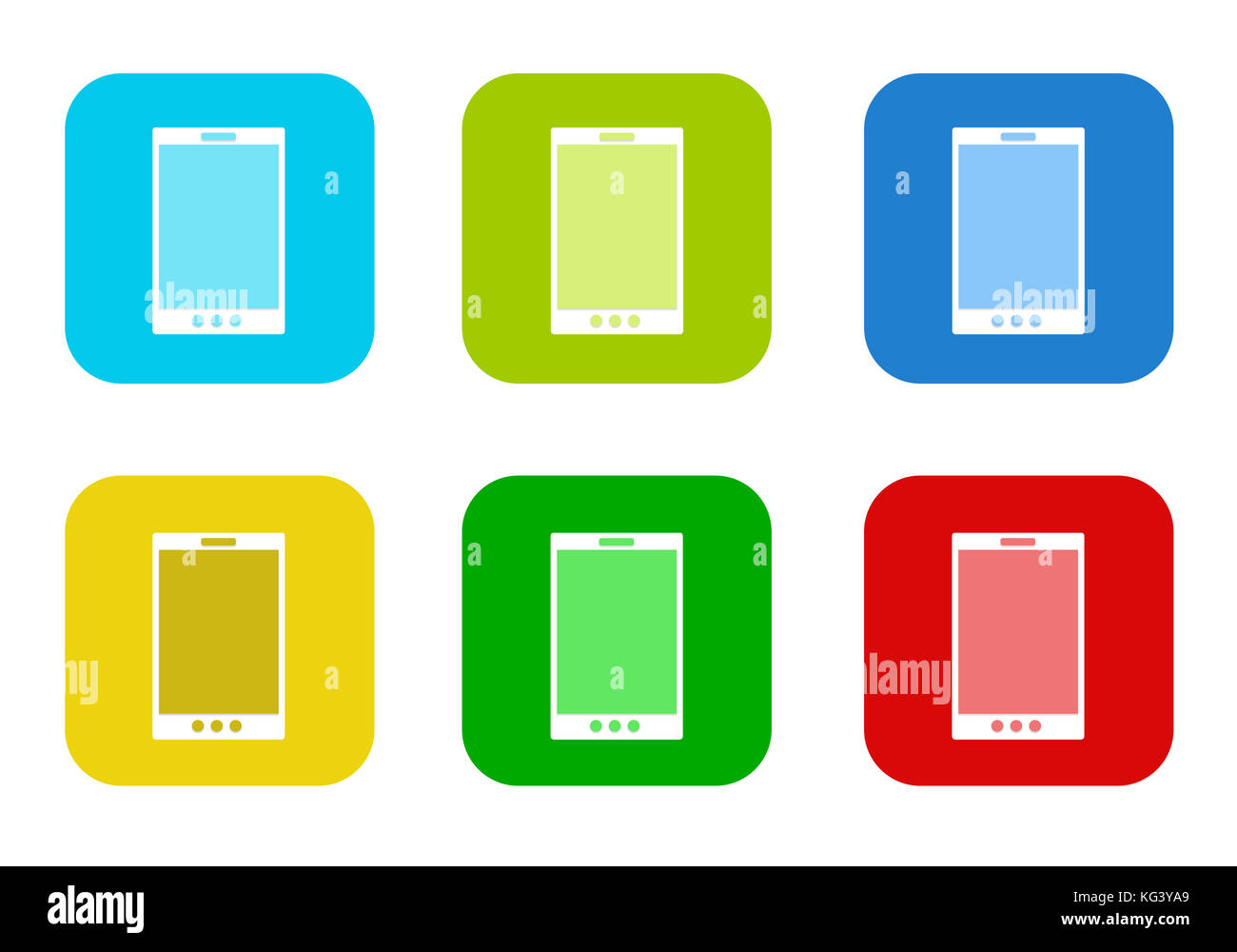 Set of rounded square colorful flat icons with phone symbol in blue ...