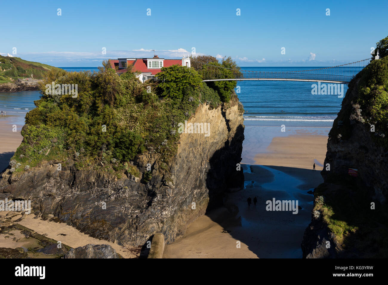 England Cornwall Newquay Towan Beach at low tide showing Towan Island ...