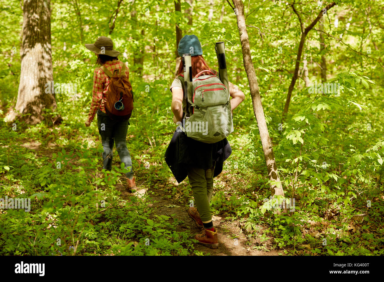 Two girls walking in green summer forest with backpacks on, rear view ...