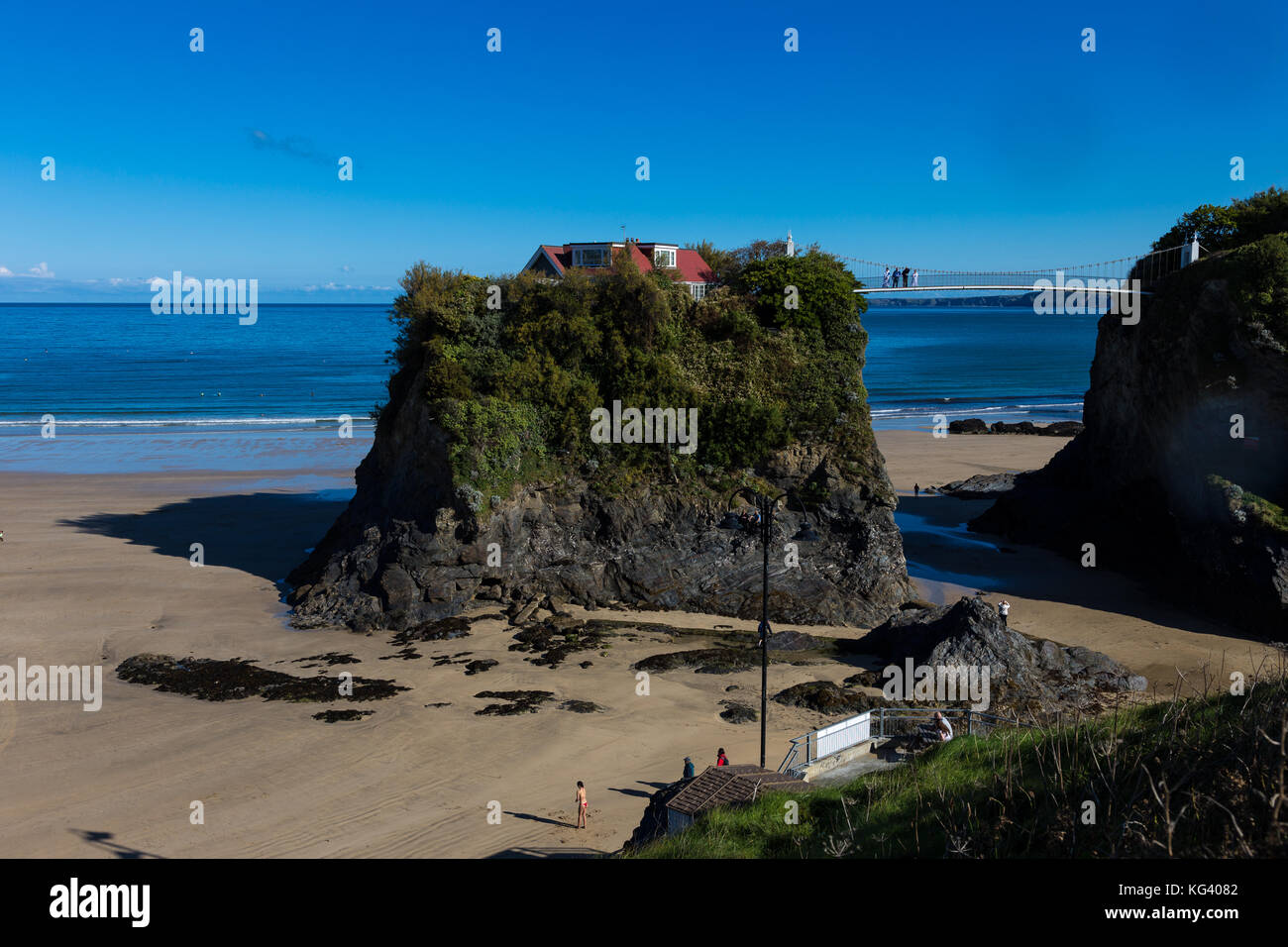 England Cornwall Newquay Towan Beach at low tide showing Towan Island ...