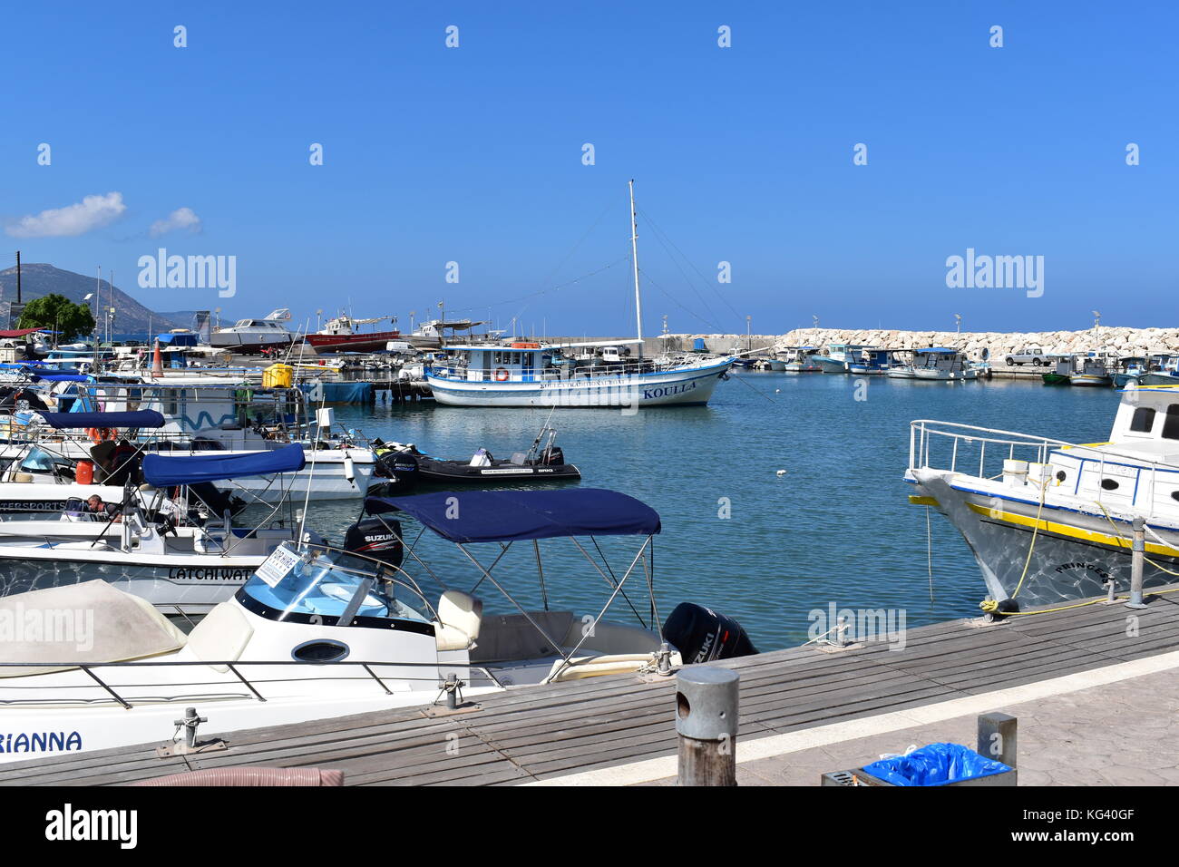 Boats at the picturesque Latchi Harbour near Polis Chrysochou in the ...